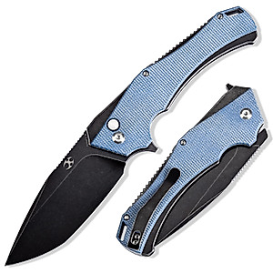 KANSEPT Hellx Pocket Folding Knives Button Lock for Men EDC Pocket Knife 3.6'' Black Stonewashed D2 Blade Excellent Folding Knife with Blue Micarta Handle EDC Knife T1008F3