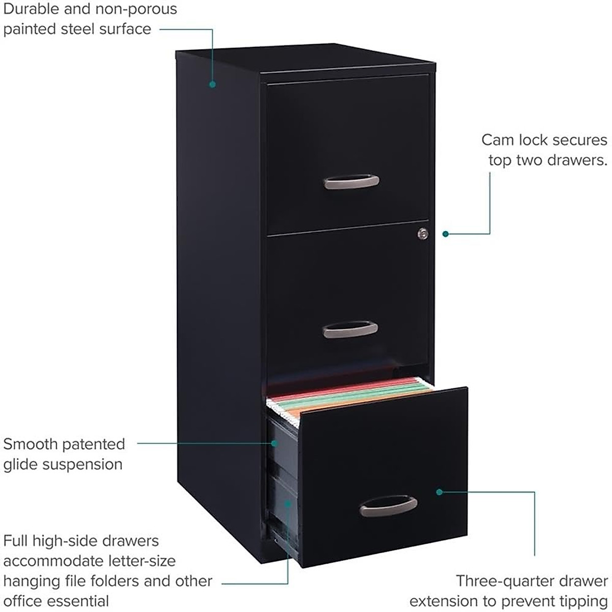 BOWERY HILL Modern 3 Drawer Metal Letter File Cabinet in Black