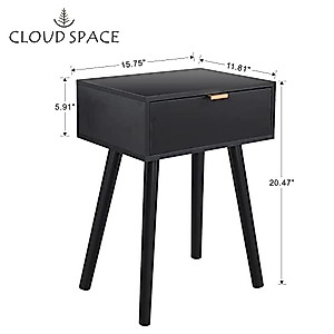 Cloud Space Mid Century Modern Nightstand, Black End Table with a Storage Drawer, Versatile Wood Side Table for Bedroom, Living Room, Lounge, Stable and Sturdy Design