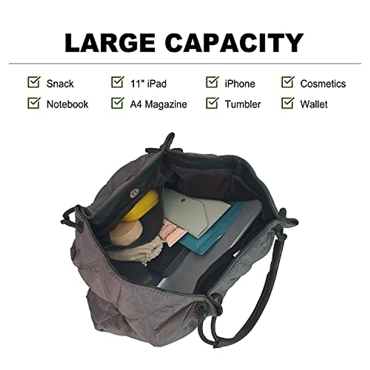 Lightweight (Grey) Tote bag for Women, Fits anywhere Soft Quilted Padding Bag