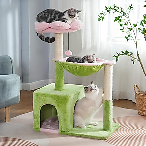 Pawfessor Flower Cat Tree 4 in 1 Cat Scratching Post for Indoor Cats 34" Small Cat Tower for Large Cats, with Full Scratch Posts,15.7”Large Hammock, Removable Perch and Wide Condo for Indoor Cats-Pink