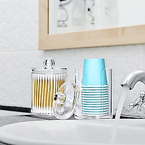 EOFJRUC Cup Dispenser for Bathroom 4 Pack, Qtip Holder for Cotton Ball Swab, Cotton Round Pads, Floss, Fit for 3-4 oz Cup for Bathroom Canister Storage Organization, Vanity Makeup Organizer-Clear…