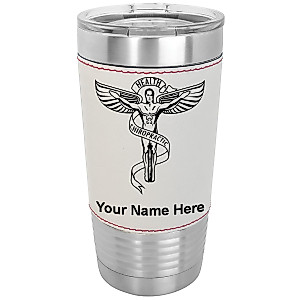 LaserGram 20oz Vacuum Insulated Tumbler Mug, Chiropractic Symbol, Personalized Engraving Included (Faux Leather, Baseball Style)