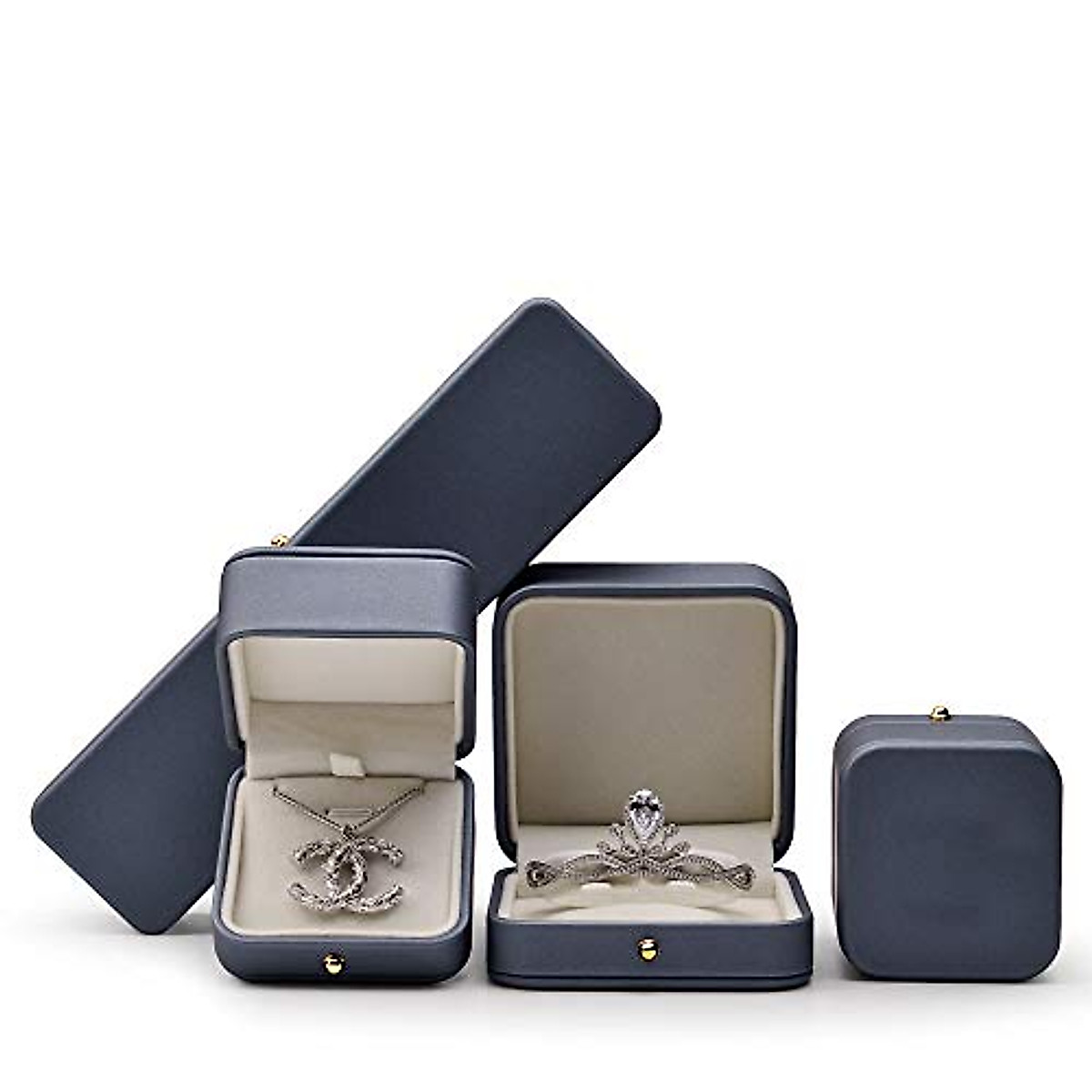 Oirlv Gorgeous Steel-Blue Ring Box Premium Leather Ring Gift Box for Wedding,Proposal Jewelry Storage Case