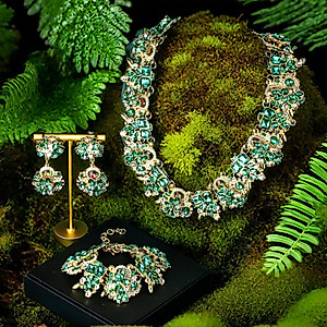 NABROJ Indian Gold Green Jewelry Sets for Women - Chunky Emerald Dark Green Rhinestone Statement Bib Gold Earrings and Necklace Set Costume Jewelry for Women -HLN001 Green 3pcs Set