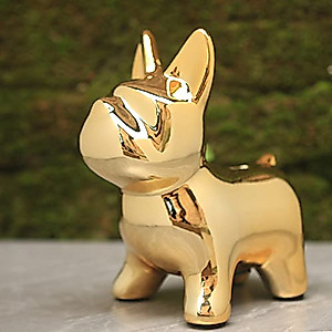 Ceramic Bulldog Piggy Bank for Boys Girls, Money Box for Kids, Coin Bank Keepsake with Plastic Stopper, French Bulldog Saving Jar, Nursery Décor (Golden)