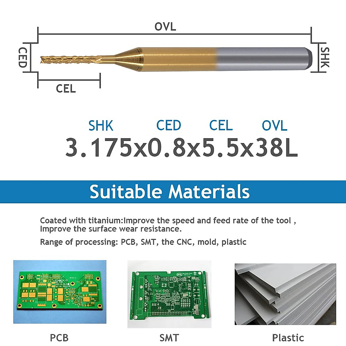 HOZLY 10Pcs 1/8'' Shank 0.8mm Titanium Coat Carbide End Mill Engraving Bits CNC Rotary Burrs Tool for PCB Mould Plastic Fiber Carbon Fiber Hardwood