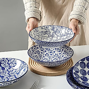 Selamica Porcelain 40oz Large Bowls 9 inch Big Pasta Salad Bowls, Microwave and Oven Safe, Vintage Blue, Set of 6