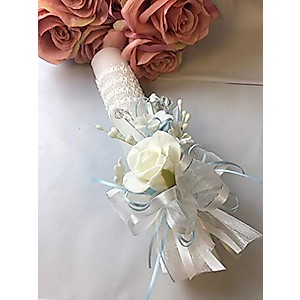OOKi- Baptism Candle Flowers Crystals Cross lace and Ribbon Favor,Christening,Blessing Day,Communion Candle,Christening Ceremony Candle (Blue)
