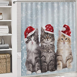GemGam Cat Winter Shower Curtain with Bathroom Sets and Rugs 4PCS Decor Cute Kitten Xmas Shower Curtain Sets with Non-Slip Rug Toilet Lid Cover U-Shaped Mat with Hooks 72"x72"