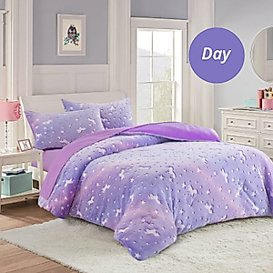 ROYALAY Kids Glow in The Dark Comforter Set 5 Pieces Bedding Set Twin Size/Twin XL for Teenage Girls and Kids, Purple Starry Night Super Soft Down Alternative Comforter with Sheets Bed in a Bag