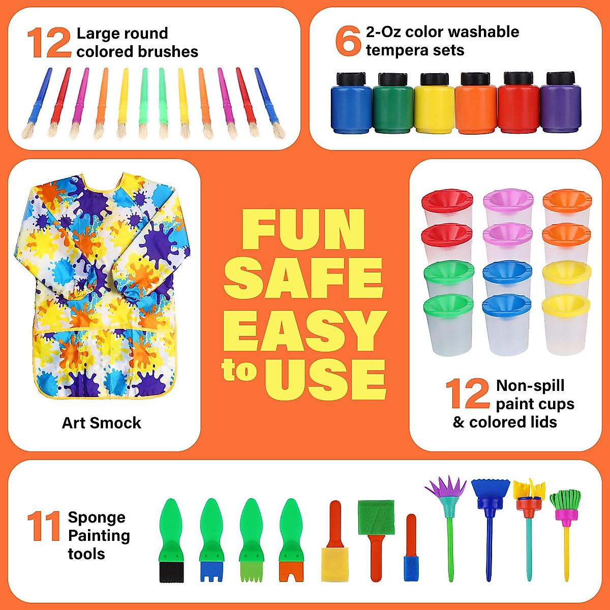 J MARK 43 Piece Toddler Painting Set – Spill Proof Paint Cups for Kids, Washable Kids Paint, Painting Tools, Kids and Toddler Paint Set with Art Smock and More