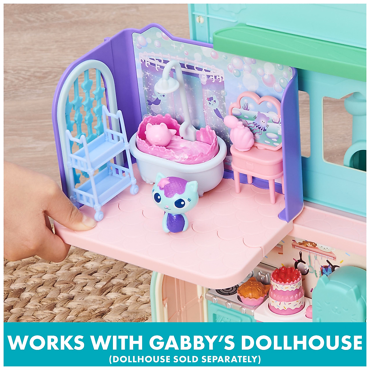 Gabby’s Dollhouse, Primp and Pamper Bathroom with Mercat Figure, 3 Accessories, 3 Furniture and 2 Deliveries, Kids Toys for Ages 3 and up