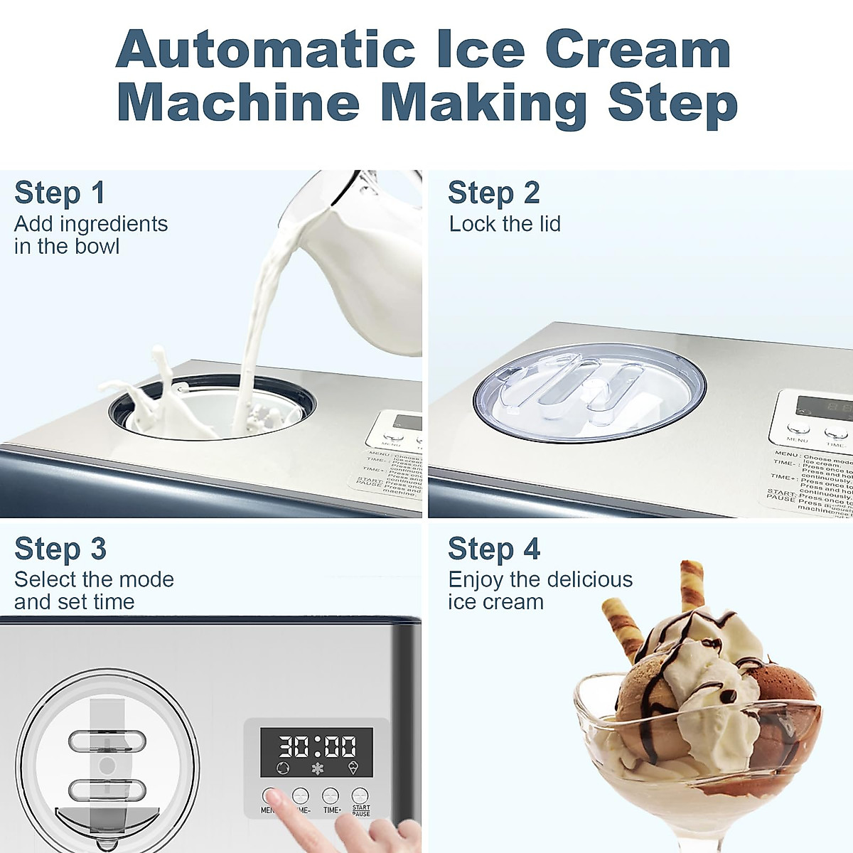 2.1 QT Ice Cream Maker with Compressor, LCD Digital Display & Timer, No Pre-freezing, Automatic Electric Ice Cream Machine for Homemade Use