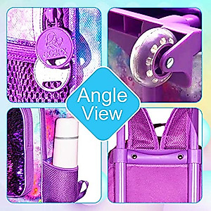 FTJCF 3PCS Rolling Backpack for Girls, Kids Unicorn Roller Bookbag with Wheels, Wheeled School Bag Set for Elementary - Purple