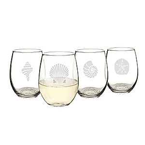 Cathy's Concepts SEA-1110 Seashell Stemless Wine Glasses – 4 Unique Designs, Holds Up to 21 oz., 4-Glass Set