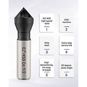 Countersink Drill Bit, TiAlN Coatied M35 Cobalt Steel Bit, 82 Degree Point Angle, 3/8" Round Shank, 1/2" Body Diameter for Hard Metal Wood Plastic Glass Deburring Chamfer Tool (82 Degree)