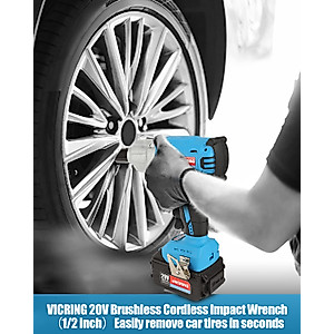VICRING 20V Cordless Impact Wrench 1/2 Inch Impact Gun Brushless High Torque Power Impact Wrench Electric Lug Nuts Impact Driver With 4.0Ah Battery Fast Charger and 4 Sockets