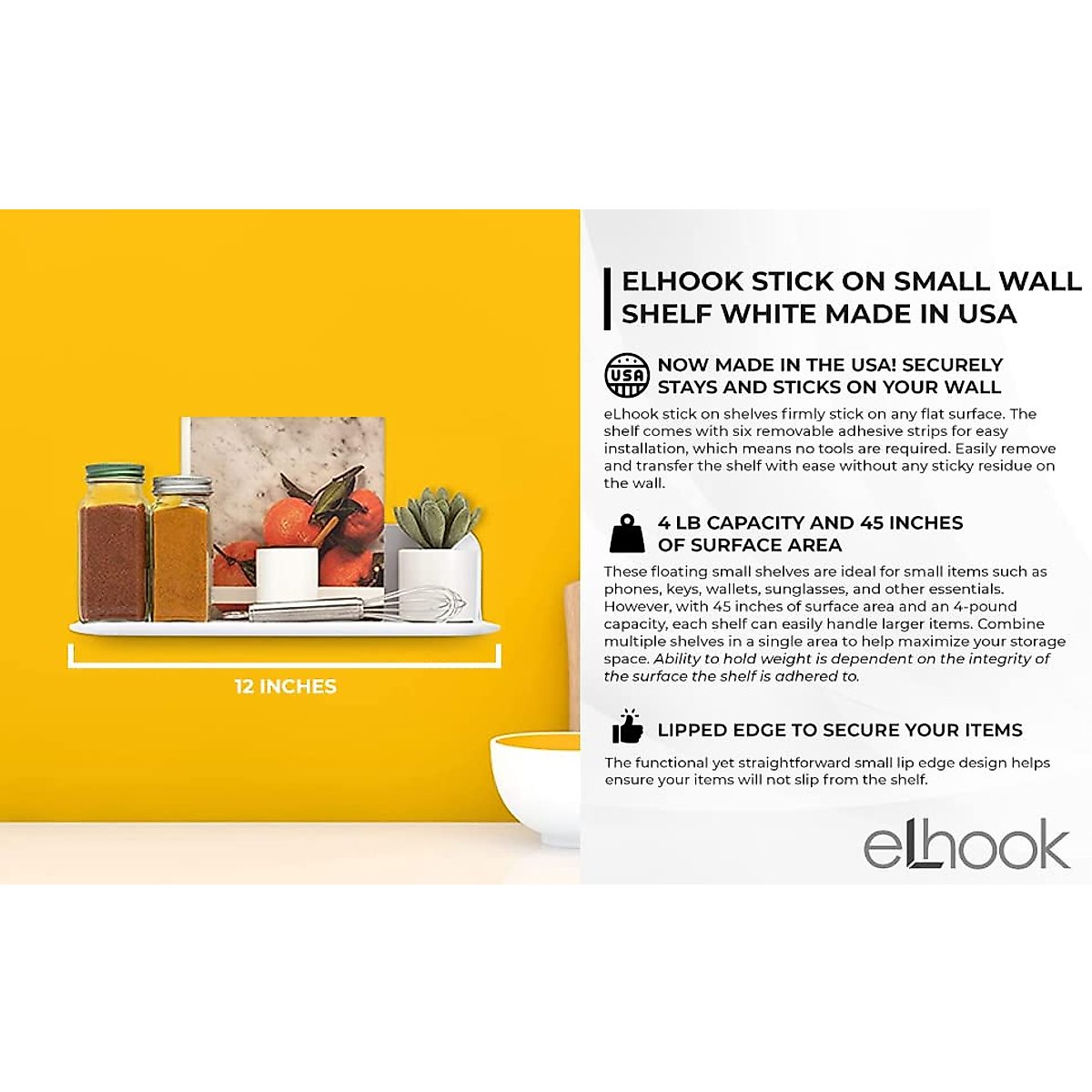 eLhook Made in USA White Stick-On Removable Adhesive Floating Wall Shelf Durable Textured ABS Injection Molded Plastic with Lipped Edges | Designed for Stick-On Adhesives or Screws