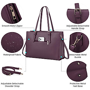 LOVEVOOK Laptop Bag for Women, Fashion Computer Tote Bag Large Capacity Handbag, Leather Shoulder Bag Purse Set, Professional Business Work Briefcase for Office Lady, 2PCs, 15.6-Inch, Deep Plum