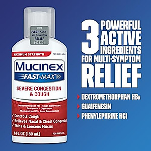 Mucinex Fast-Max Severe Congestion & Cough Medicine, Maximum Strength Symptom Relief, Over-The-Counter Medication, Cold Medicine, Cough Suppressant, Expectorant, Nasal Decongestant, FSA/HSA, 6 FL OZ