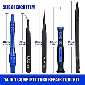 HengTianMei 14 in 1 Torx Screwdriver Set with T1 T2 T3 T4 T5 T6 T7 T8 T9 T10 Security Torx Bit & ESD Tweezers, Magnetic Screwdrivers Precision Repair Kit for Xbox, PS4,Macbook, Computer