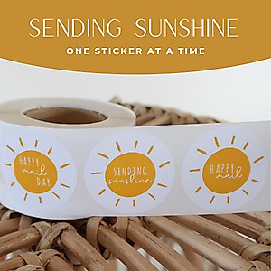 Happy Mail Stickers | Sending Sunshine Yellow Boho Stickers | Cute Packaging for Small Business | 1 Roll with 500 - Round Envelope Seals | 4 Unique Designs | Sunshine Party, Small Business Supplies