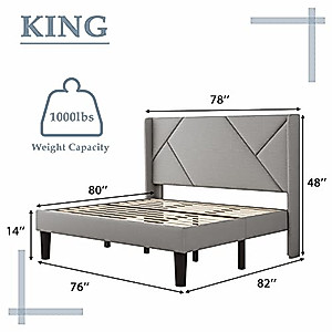Feonase King Platform Bed Frame with Wingback Headboard, Geometric Upholstered Heavy Duty Bed Frame with Solid Wood Slats, No Box Spring Needed, Easy Assembly, Noise-Free, Light Gray