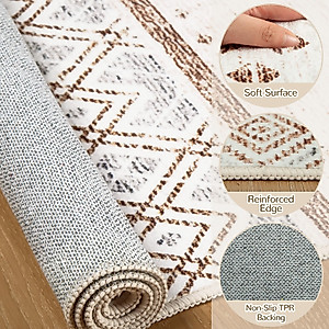 BESTSWEETIE 9x12 Area Rugs for Living Room Washable Moroccan Farmhouse Neutral Geometric Low Pile Non-Slip Soft Print Pattern Rug for Bedroom Kitchen Dining Room Entryway Cream/Brown/Pink