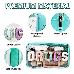 Iqimott Preppy Patch Clear Makeup Bag, Women Chenille Letter Cosmetic Bag for Travel, Nylon Waterproof Organization Outdoor Zipper Pouch Toiletry Bag for Women Girls(Green)