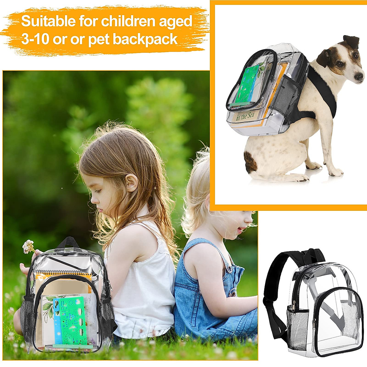 4 Pieces Cute Clear Backpacks for over 8 Year Old Kindergarten Children PVC Transparent Bookbag See Through Plastic Bookbag for Toddler School Backpack