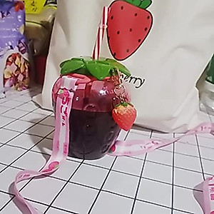 Soaoun Sippy Cup Strawberry Shaped PP Portable Water Cup Lovely with Straw Pendant Strap Fruit Pattern Drinking Bottle Cute for Home Gift