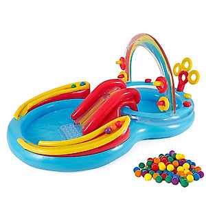 Intex 9.75 x 6.3 Foot Rainbow Ring Inflatable Play Center Pool with Water Slide and Small Plastic Multi-Colored Fun Ballz for Ball Pit, 100 Pack