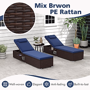 Tangkula Patio Chaise Lounge Set of 2, Outdoor Rattan Lounge Chair with 6-Level Backrest, Comfy Seat Cushion & Headrest, Sturdy Metal Frame, Outside Reclining Chair for Backyard (2, Navy)