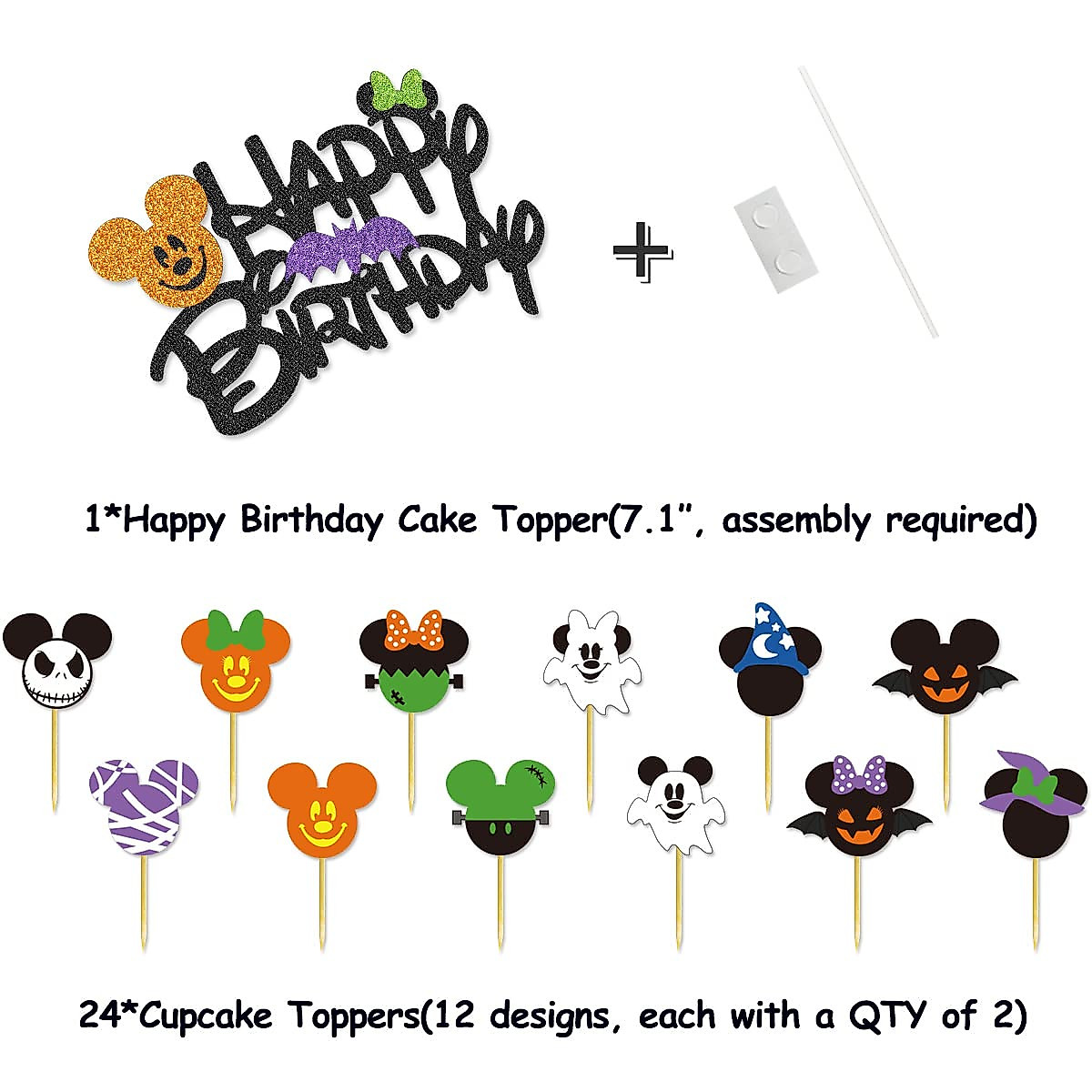 92 Pcs Mickey Minnie Halloween Birthday Party Kit Mickey Happy Birthday Banner Cake Topper Cupcake Toppers Balloon Arch for Mickey Minnie Theme Halloween Birthday Party Decorations