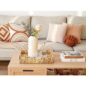 StorageWorks Scalloped Tray, Wicker Tray with Handles, Woven Square Rattan Tray, Scallop Basket Table Décor Trays, Water Hyacinth Rattan Serving Tray for Ottoman Decorative and Organizer Trays