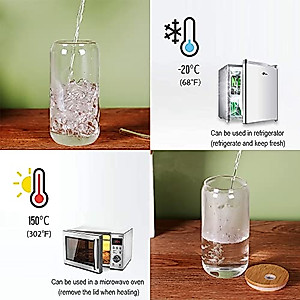 CZFWin Drinking Glasses with Bamboo Lids and Glass Straws - Pack of 6 16oz Can Shaped Glass Cups, Beer Glasses, Iced Coffee Glasses, Cute Tumbler Cup, Ideal for Whiskey, Soda, Tea, Water