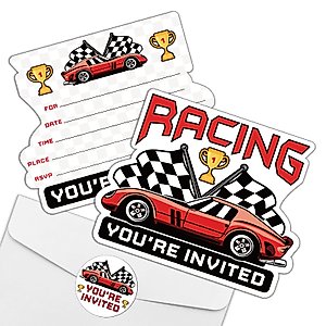REWIDPARTY Race Car Party Invitations with Envelopes & Stickers（Set of 15） Red Racing Shaped Fill-in Invitations Car Racing Birthday Party Invite Cards Race Car Party Supplies for Kids Teens Adults