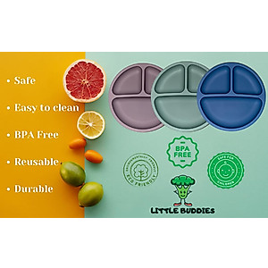 Little Buddies 100% Silicone Suction Dishware Plates for Toddlers and Babies | Dishwasher and Microwave Safe | 3 Pack | Blue, Gray, Green