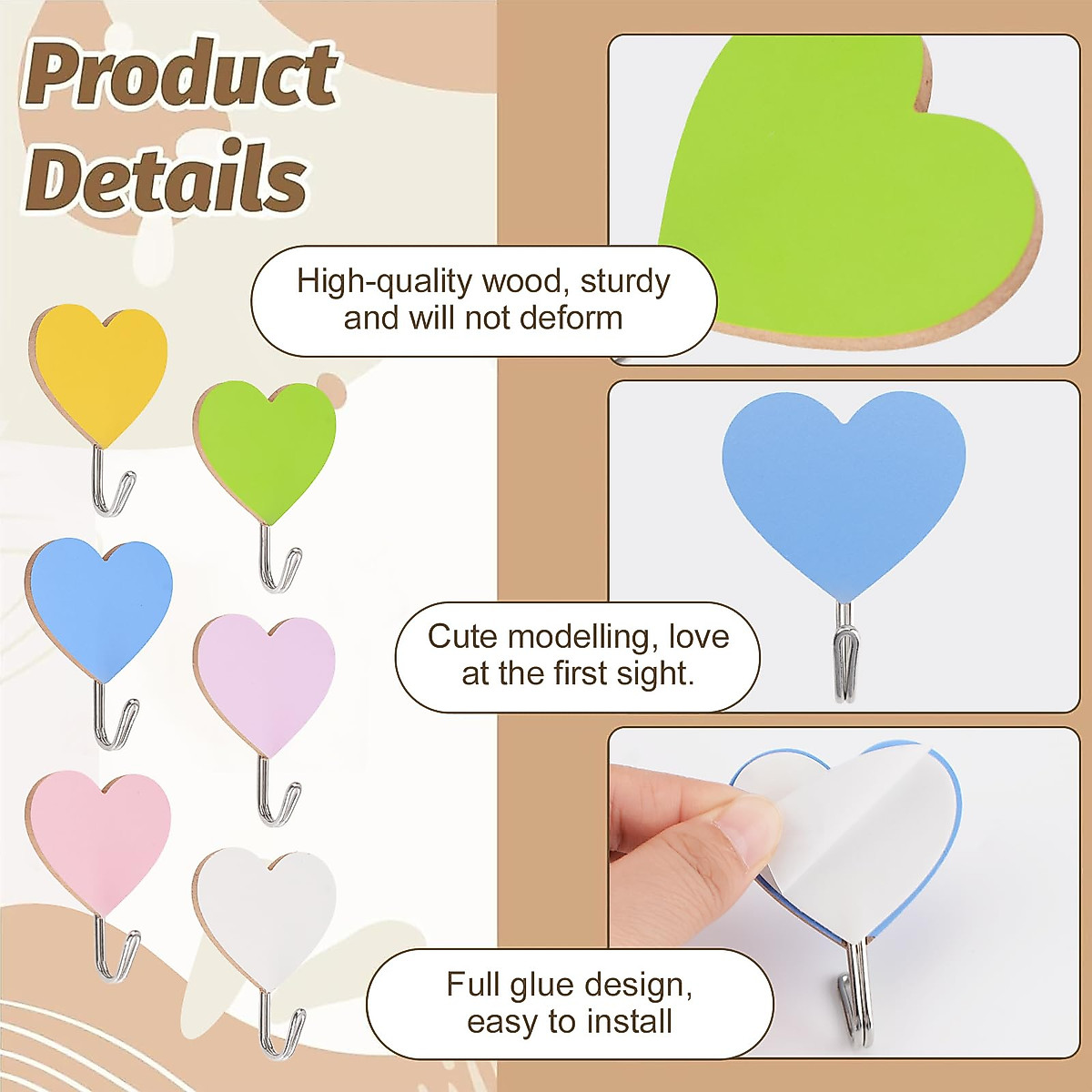 MOROBOR Wood Heart-Shaped Self-Adhesive Hooks, 6pcs Strong Self-Adhesive Wall Hooks for Bathroom Kitchen Office/Mixed Color