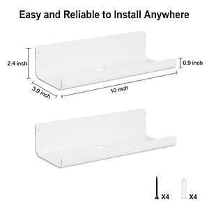 RRG 10 Inch Acrylic Floating Shelves, 2 Pack Kids Floating Bookshelf Wall Mounted Display Shelf for Books, Kids Room, Nursery, Bedroom, Bathroom, Living Room (White)