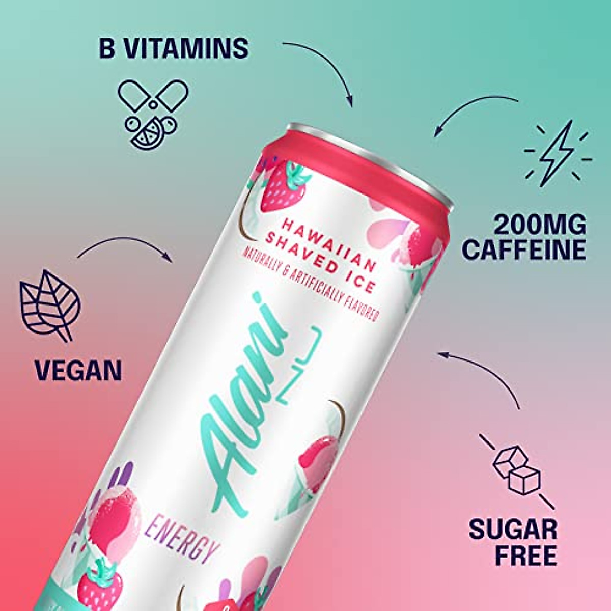 Alani Nu Sugar-Free Energy Drink, Pre-Workout Performance, Hawaiian Shaved Ice, 12 oz Cans (Pack of 12)