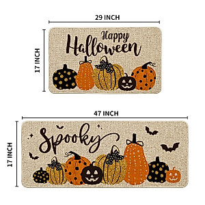 Artoid Mode Pumpkin Bats Happy Halloween Kitchen Mats Set of 2, Home Decor Low-Profile Kitchen Rugs for Floor - 17x29 and 17x47 Inch