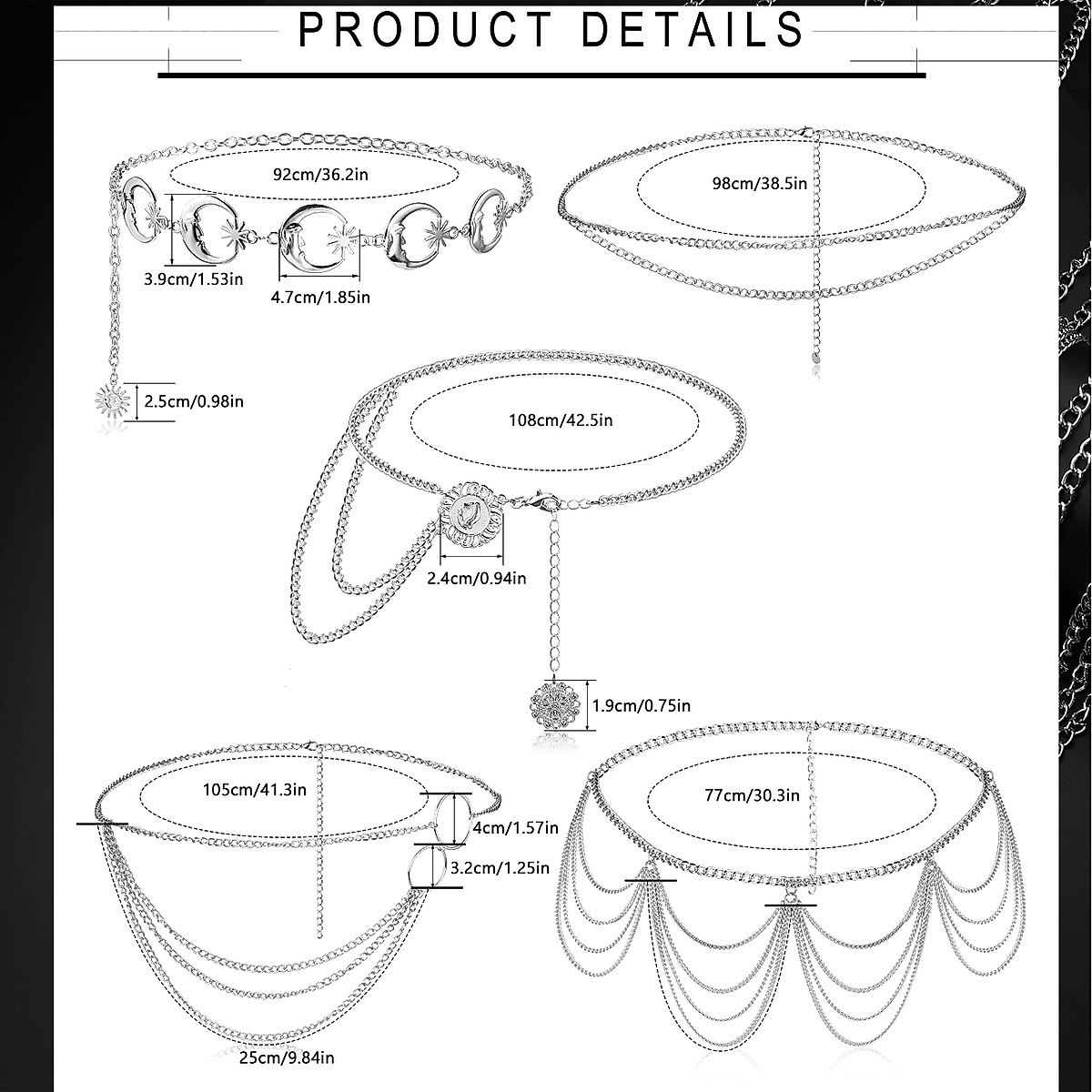 HAIAISO 5PCS Belly Waist Chain Multi-layer Metal Waist Chain Adjustable Body Link Belts Summer Bikini Sexy Waist Body Chain Jewelry for Women(Silver)