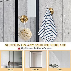 WIXUIPR Suction Cup Hooks for Shower Towel Loofah Robe Hooks for Bathroom Kitchen Stainless Steel Waterproof No Drill Suction Cup Hook Hanging on Shower Glass Door Mirror Tile (2, Brushed Gold)