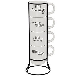 American Atelier Coffee Mug Set with Coffee Mug Rack | Coffee Mugs Set of 4 | Stackable Coffee Mugs with Rack | Coffee Cup Set with Coffee Cup Rack | Have a Brewtiful Day Print | Ceramic Mug