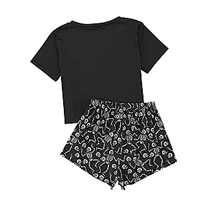 SweatyRocks Women's Cute Graphic Print Short Sleeve Crop Top with Shorts Pajama Set Black Skeleton XL