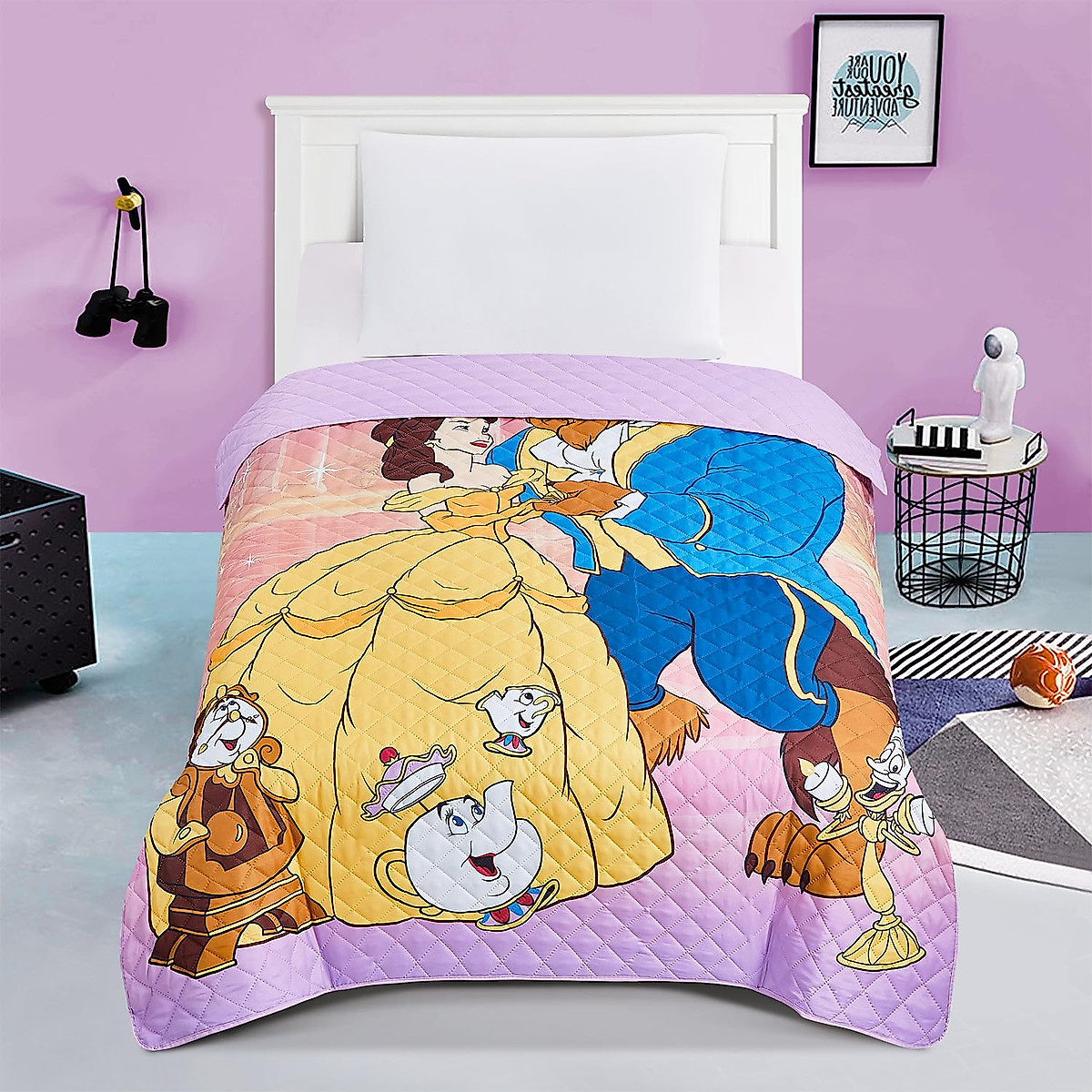 Beauty and The Beast Bedding Twin Bed Set for Girls - Bundle with Belle Bed Sheets with Flat Sheet, Fitted Sheet, Pillowcase, Quilted Bedspread Plus Stickers, More | Beauty and The Beast Sheets Twin