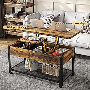Furniouse Coffee Table Lift Top, 3 in 1 Multi-Function Coffee Table with Hidden Compartment, Coffee Table Converts to Dining Table for Living Room, Home Office, Rustic Brown