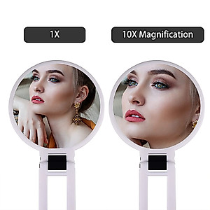 LOTIKO 1x 10x Magnifying Handheld Mirror,Travel Folding Hand Held Mirror,Double Sided Pedestal Magnification and True Image Makeup Mirror, Portable Vanity Cosmetic Mirror for Women （White）